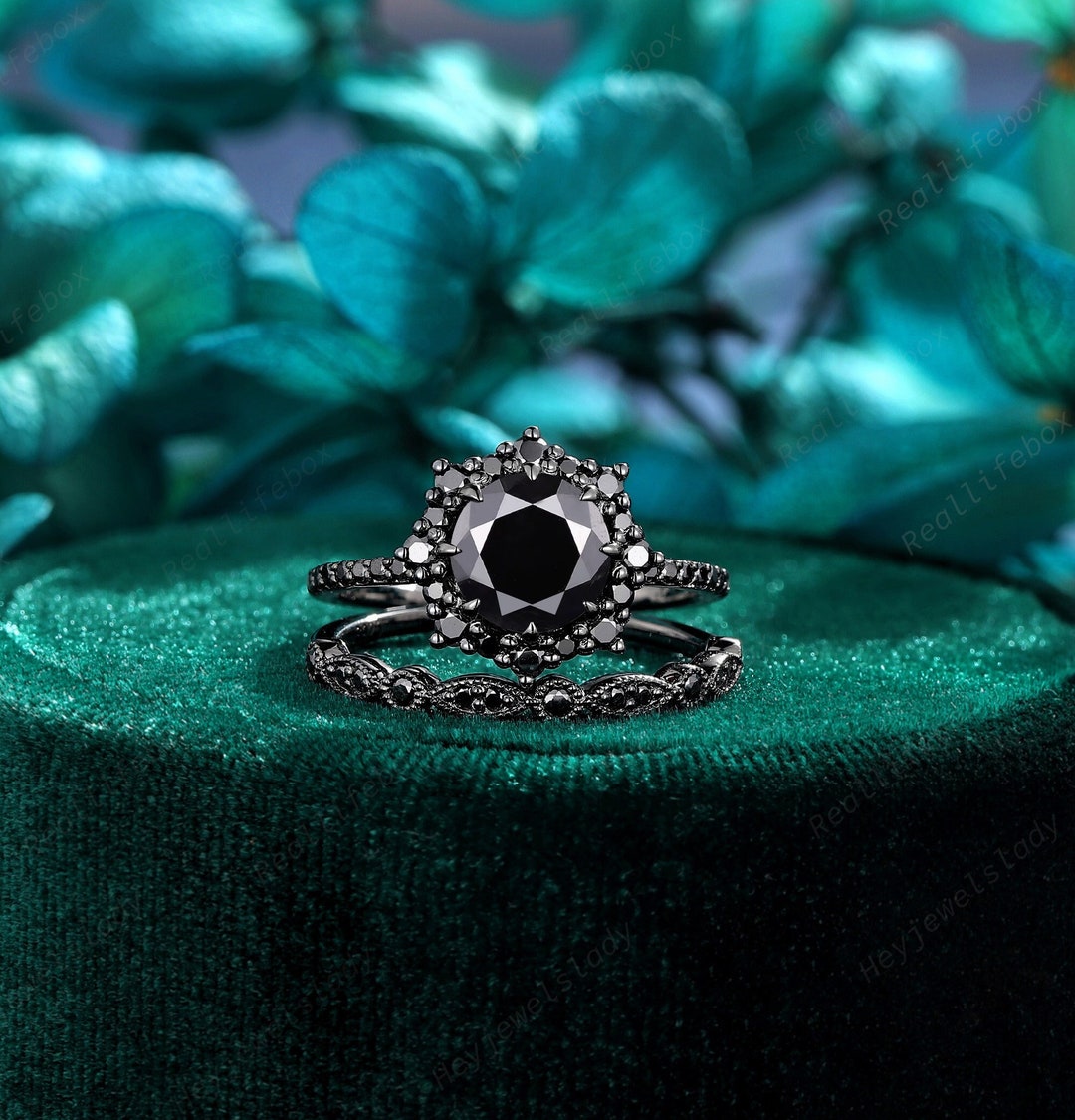 Gothic Round Shape Black Moissanite Bridal Set, Vintage Rhodium Black ...