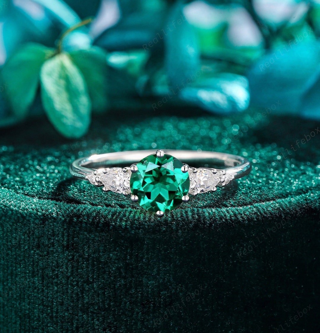 5 Stone Round Shape Emerald Engagement Ring, Unique Green Emerald ...