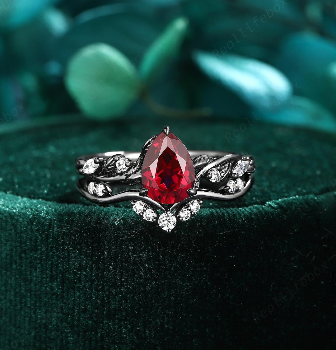Vintage Pear Cut Ruby Engagement Ring Set Unique Rhodium Black Gold Ruby Promise Ring Set Gothic ...