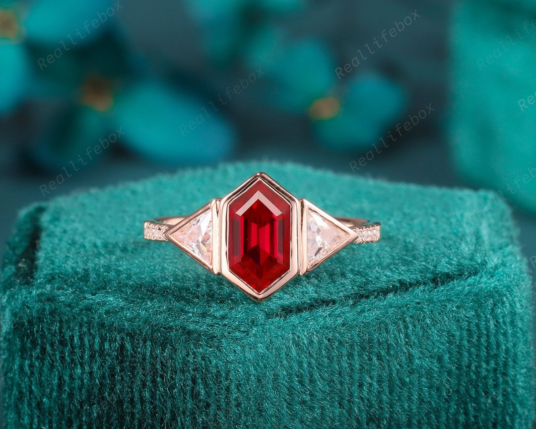Vintage Hexagon Ruby Engagement Ring,14k 18K Rose Gold Red Ruby and ...