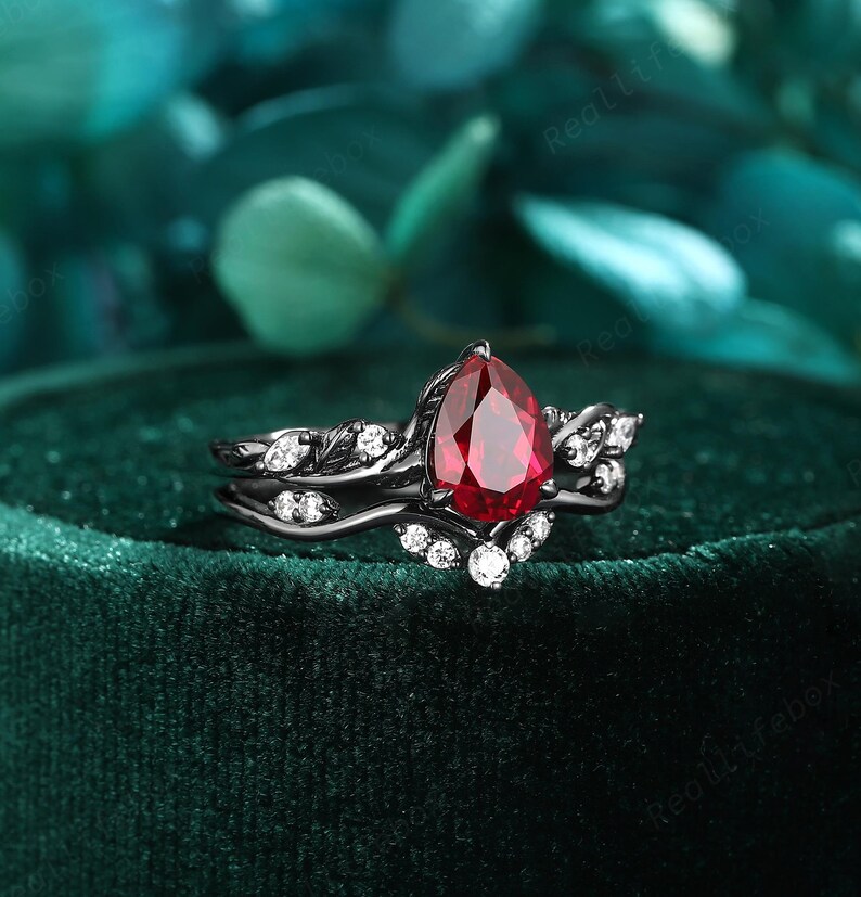 Vintage Pear Cut Ruby Engagement Ring Set Unique Rhodium Black Gold Ruby Promise Ring Set Gothic ...