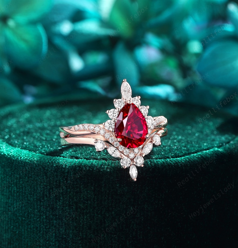 Vintage Pear Shape Ruby Engagement Ring Set, Unique Crossover Red Ruby ...