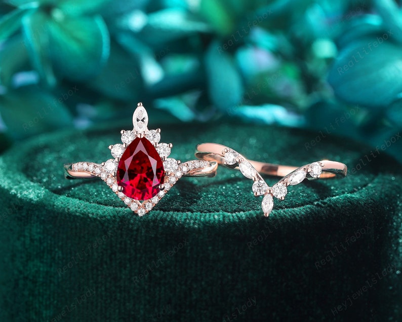 Vintage Pear Shape Ruby Engagement Ring Set, Unique Crossover Red Ruby Bridal Set, V Shape Halo ...