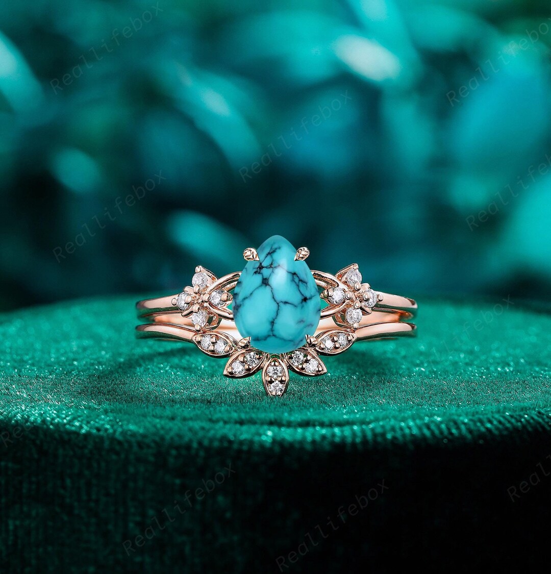 Pear Cut Natural Western Turquoise Engagement Ring Set 14K Rose Gold ...