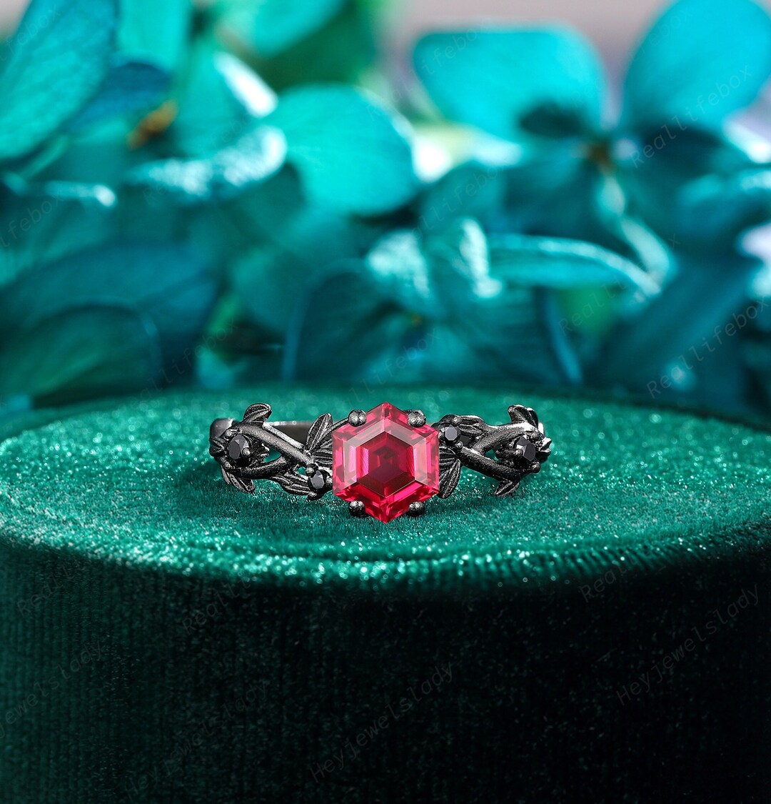 Gothic Hexagon Cut Ruby Engagement Ring, Vintage Rhodium Black Gold ...