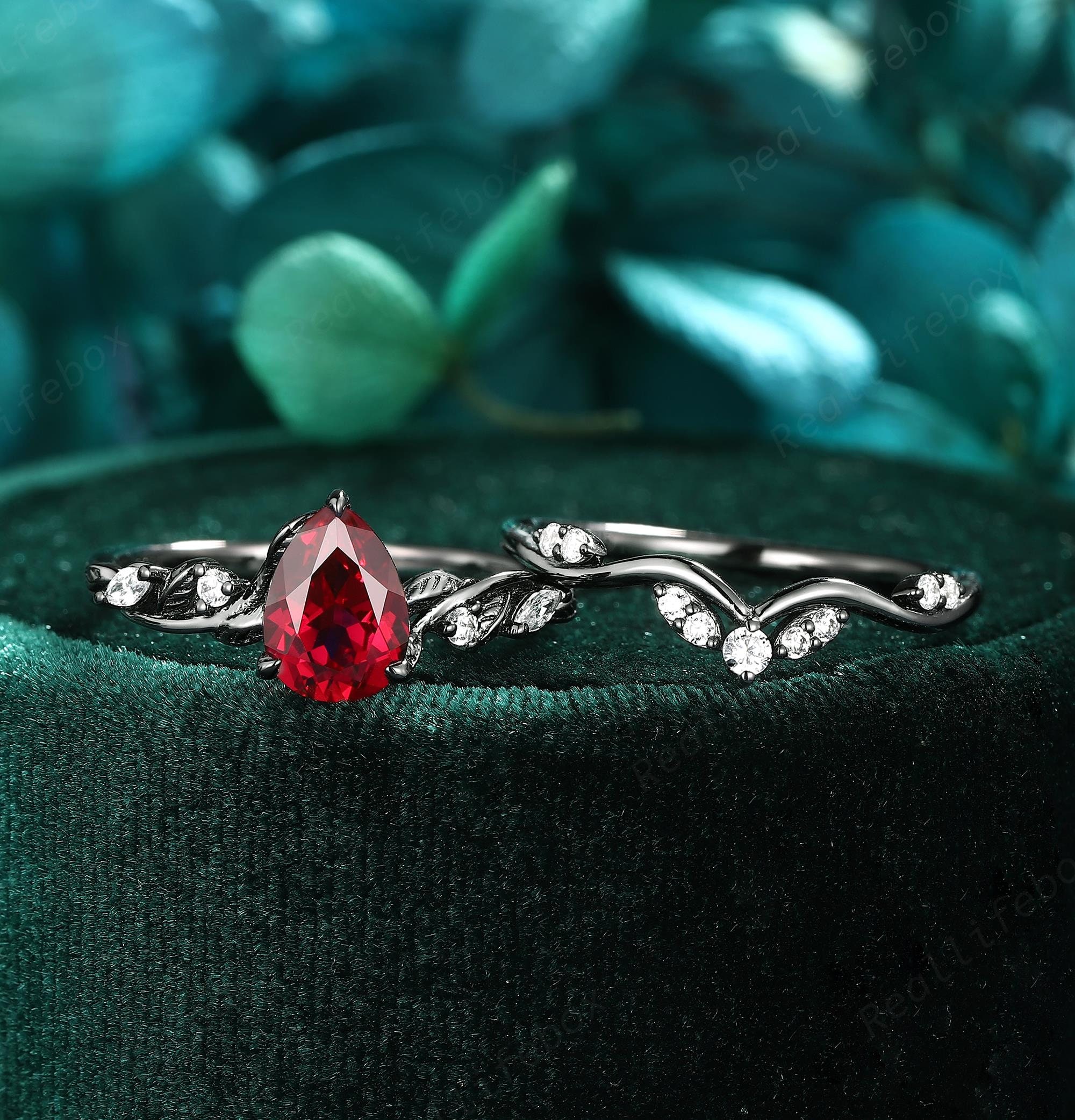 Vintage Pear Cut Ruby Engagement Ring Set Unique Rhodium Black Gold Ruby Promise Ring Set Gothic ...
