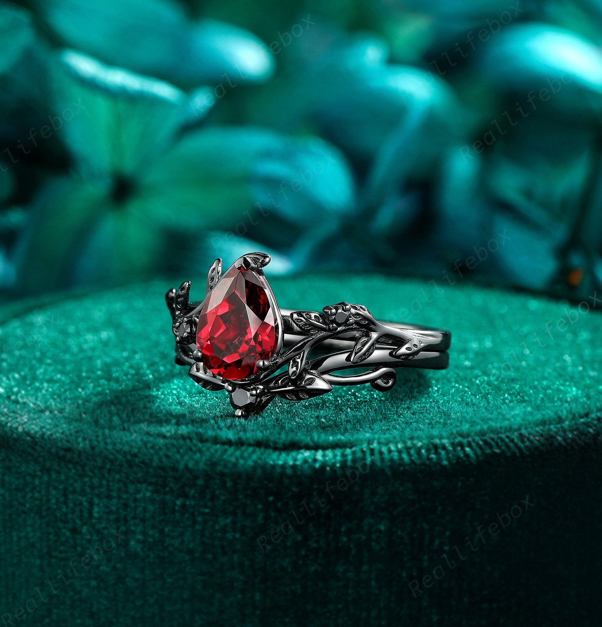 Pear Cut Garnet Gothic Engagement Ring Set, Black Moissanite Witchy ...
