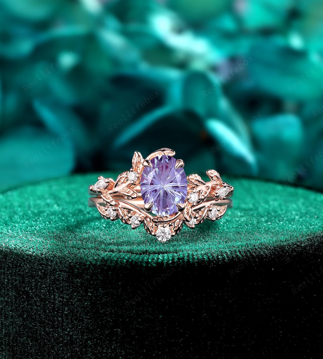 Firework Cut Alexandrite Engagement Ring 14K Rose Gold Oval Cut Color ...