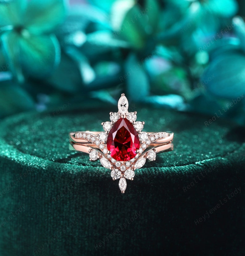 Vintage Pear Shape Ruby Engagement Ring Set, Unique Crossover Red Ruby ...