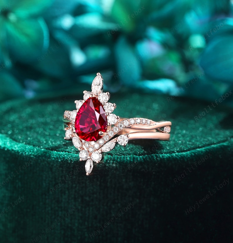 Vintage Pear Shape Ruby Engagement Ring Set, Unique Crossover Red Ruby ...