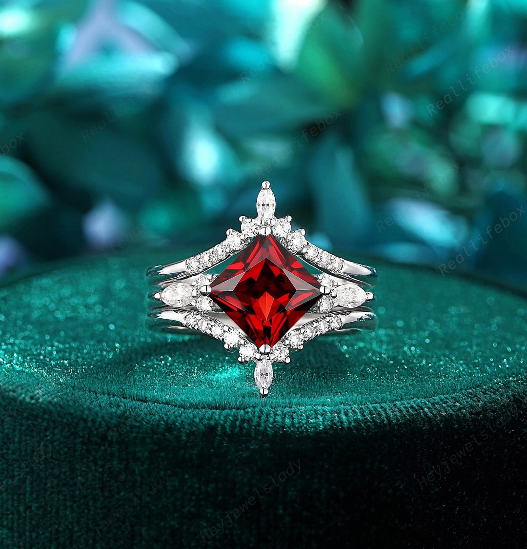 3PCS Princess Cut Garnet Engagement Ring Set, Natural Garnet Bridal Set ...