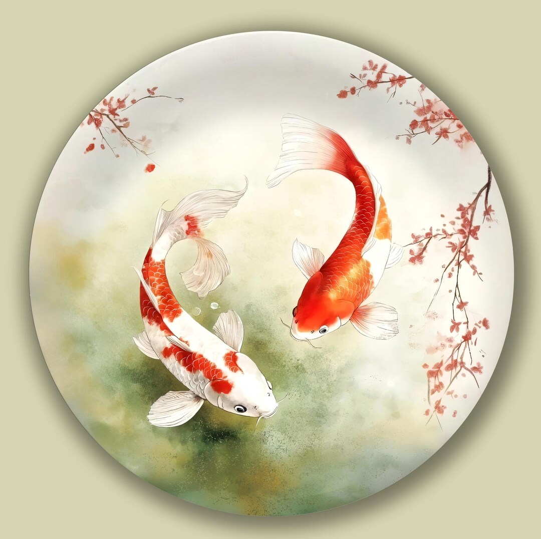 Watercolor Koi Fishes With Cherry Blossoms | Bone China Plate ...