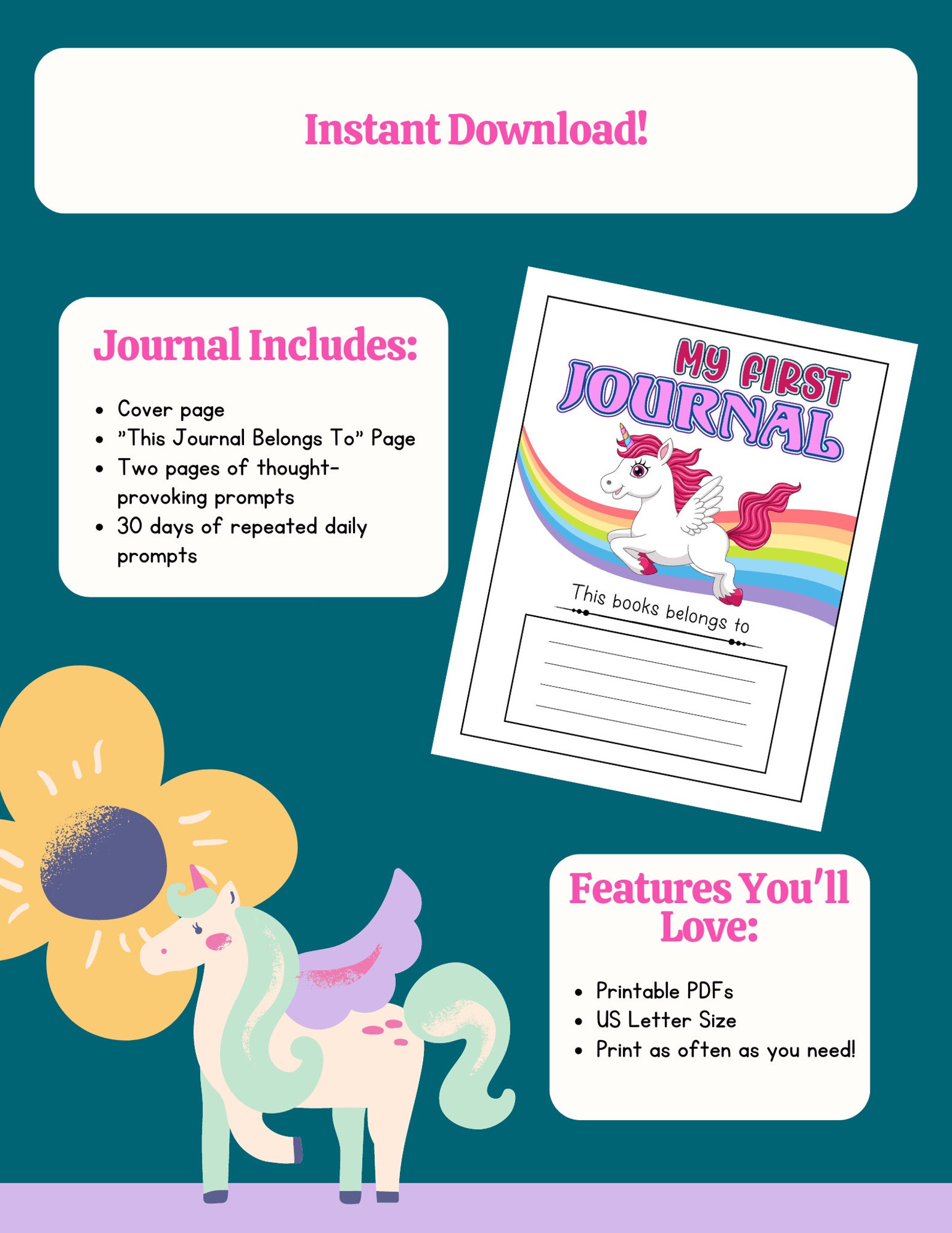 Printable Kids Daily Journal / My First Journal / Unicorn Journal ...