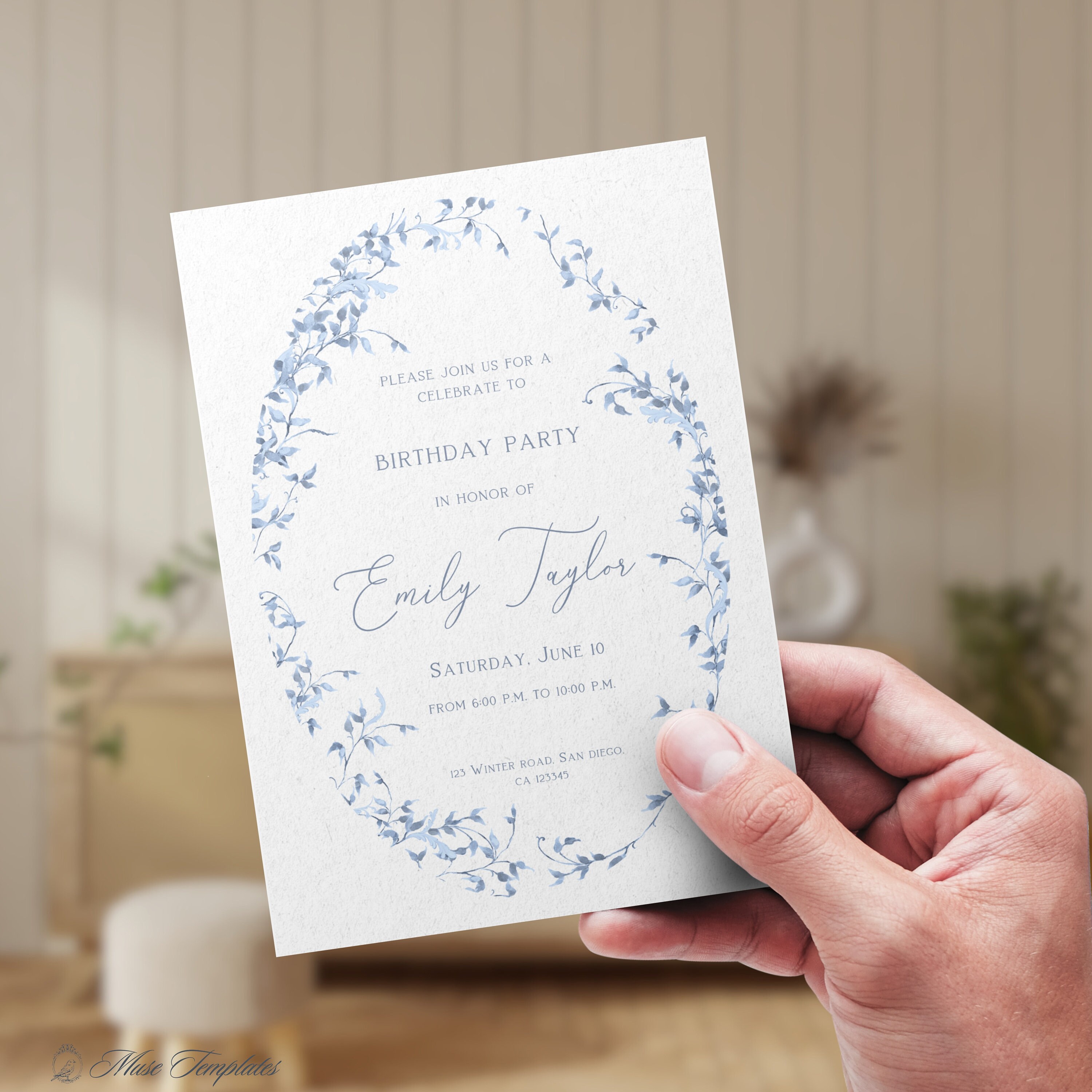Oval Invitation Card Template, Blue Floral Elliptical Frame, Save the ...