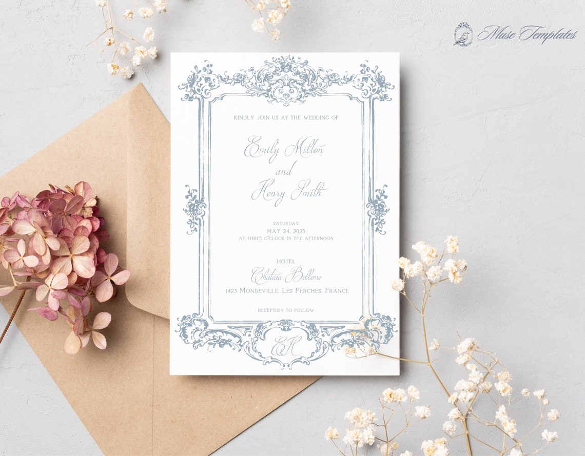 Baroque Vintage Invitation Template, Wedding Dusty Blue Frame ...