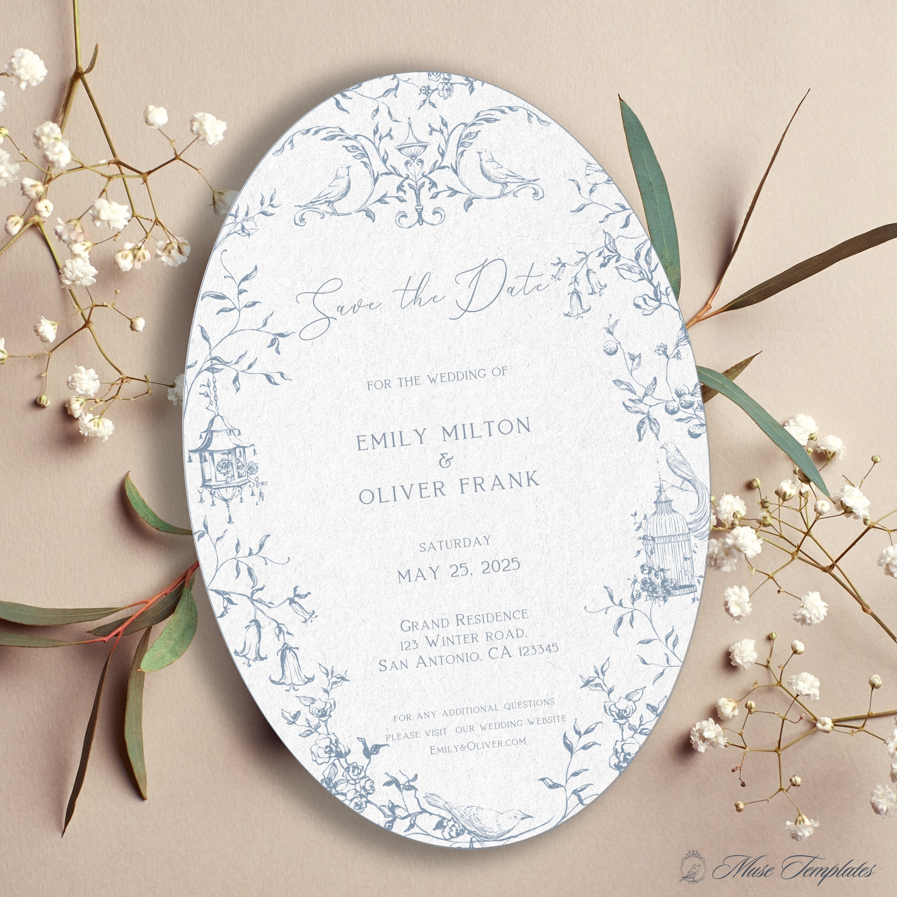 Oval Invitation Card Template, Blue Garden Birds Elliptical Frame, Save ...