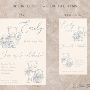 Editable Kids Birthday Invitation Template, Printable Dusty Blue Teddy ...