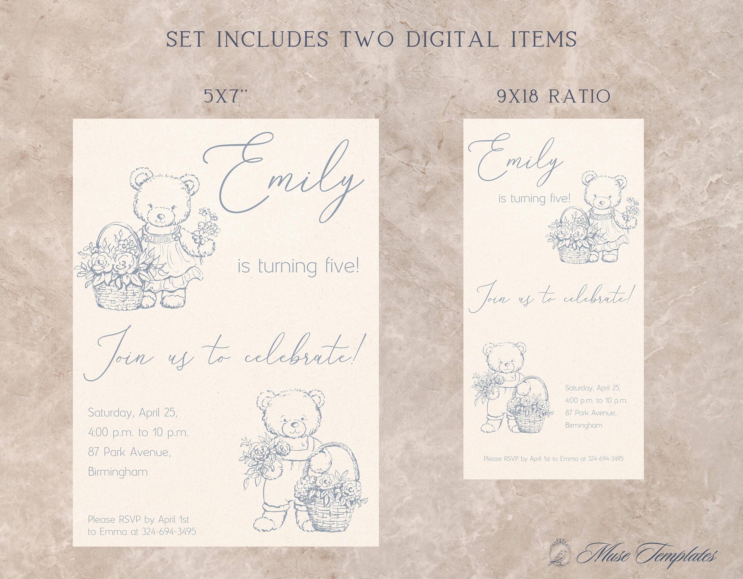 Editable Kids Birthday Invitation Template, Printable Dusty Blue Teddy ...