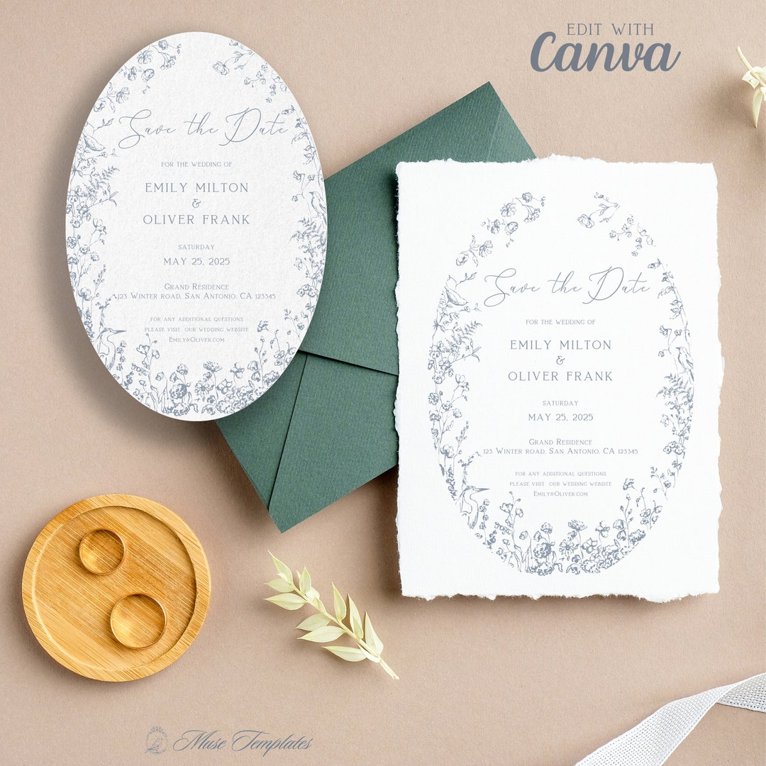 Oval Invitation Card Template, Floral Dusty Blue Elliptical Frame, Save ...