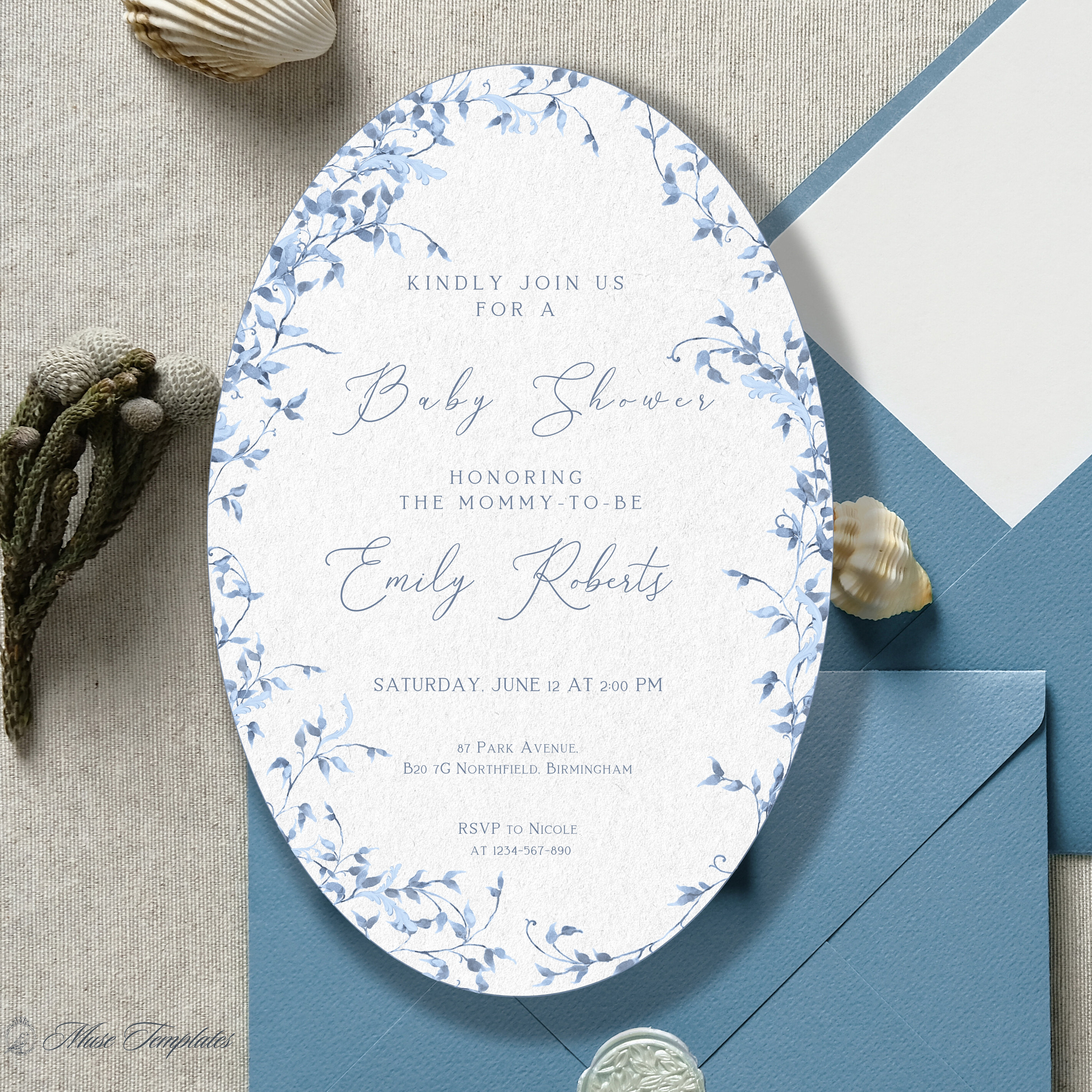 Oval Invitation Card Template, Blue Floral Elliptical Frame, Save the ...