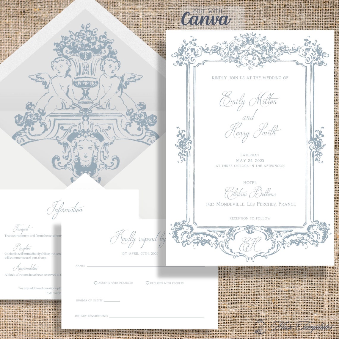 Baroque Vintage Invitation Template, Wedding Dusty Blue Frame ...