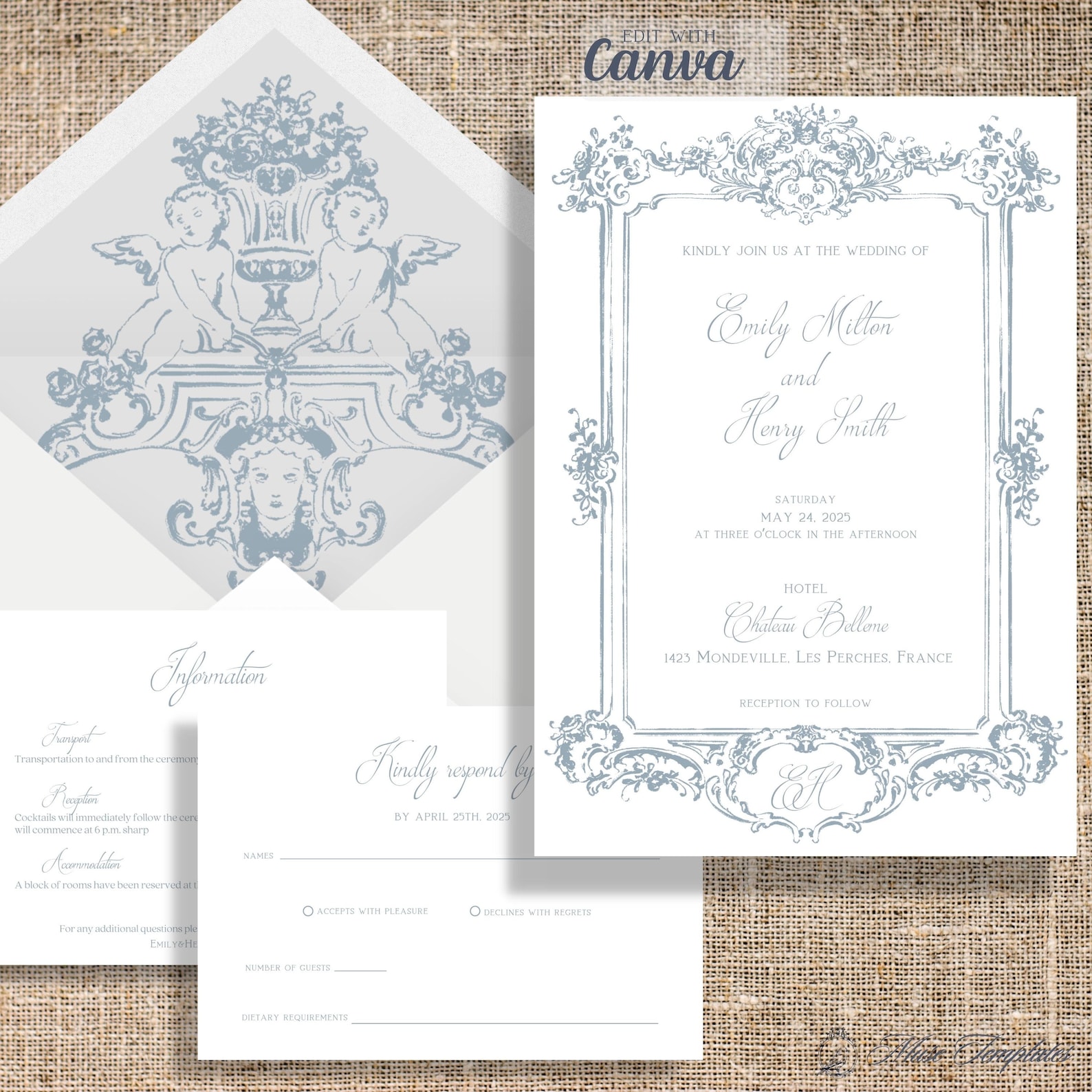 Baroque Vintage Invitation Template, Wedding Dusty Blue Frame ...
