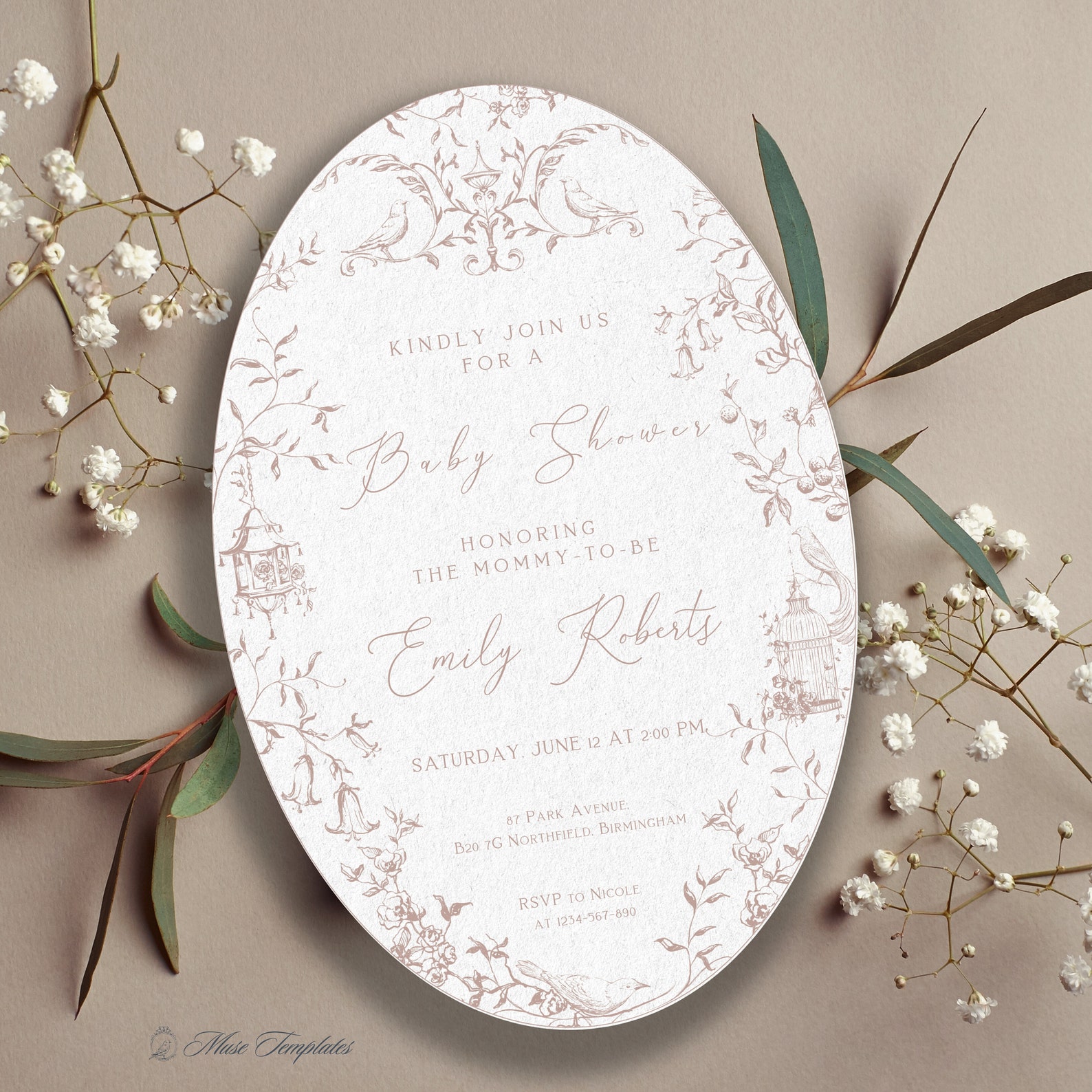 Oval Invitation Card Template, Beige Garden Birds Elliptical Frame ...