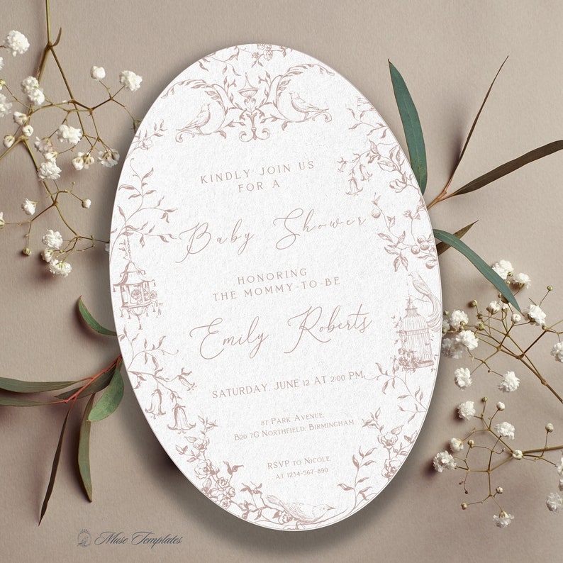 Oval Invitation Card Template, Beige Garden Birds Elliptical Frame ...