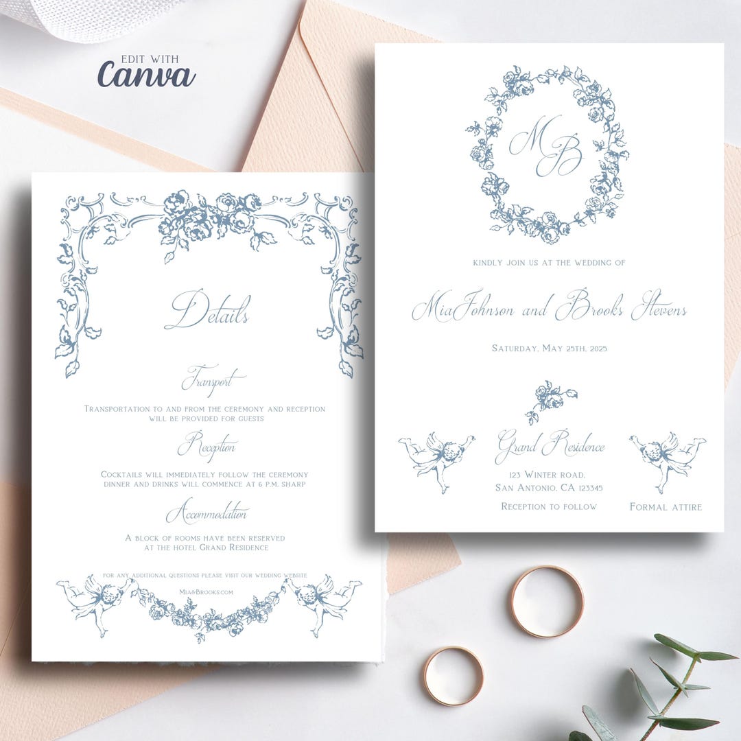 Baroque Wedding Invitation Template, Blue Floral Angels Invitation and ...