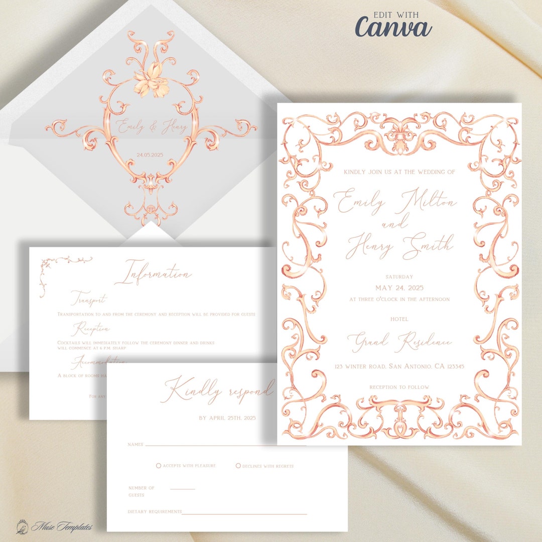 Baroque Wedding Invitation Suite Template, Golden Vintage Frame ...