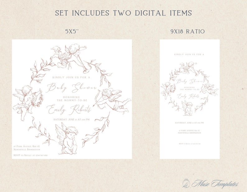 Baby Shower Cherubs Invitation Template, Editable Beige Square Card ...
