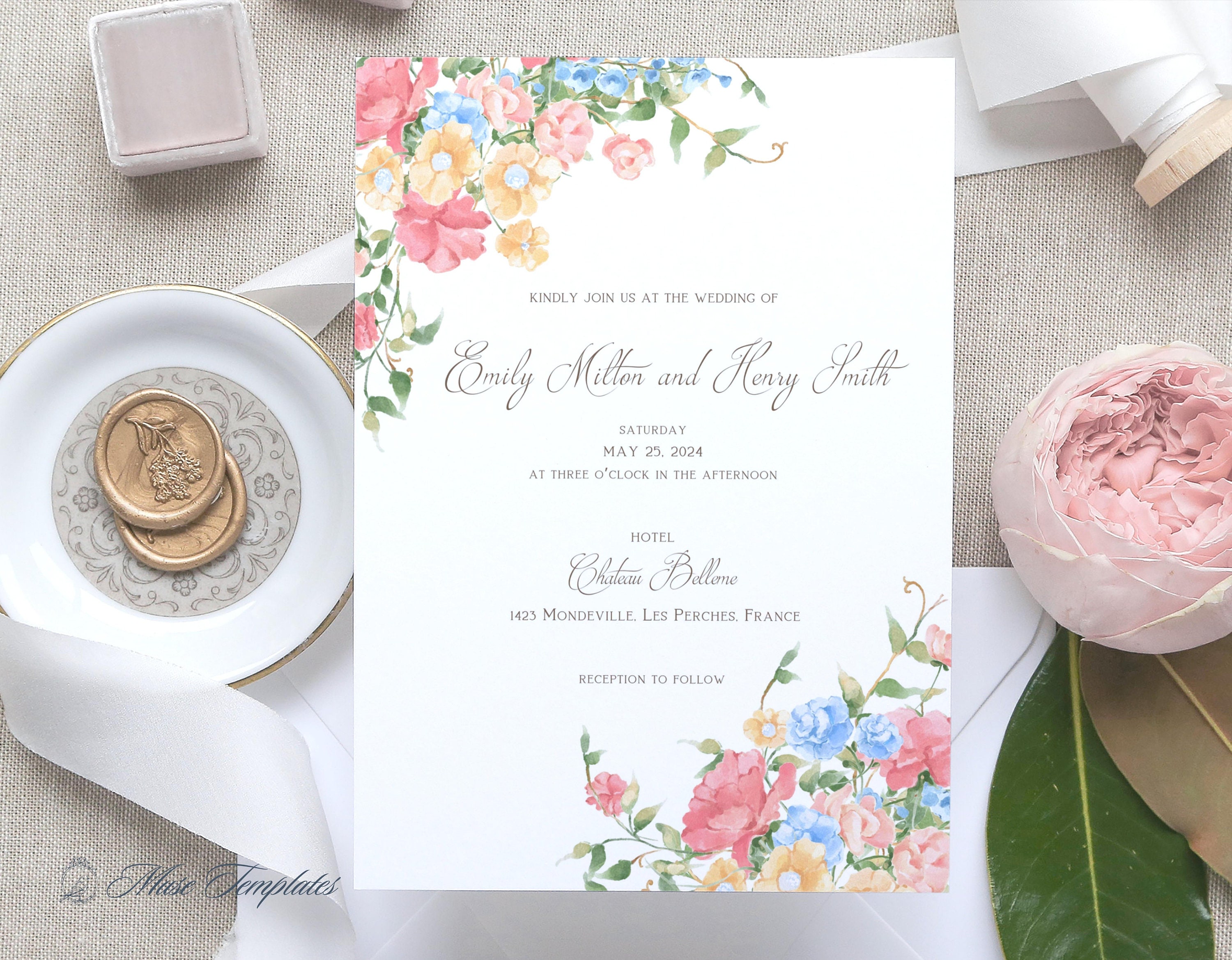 Meadow Flowers Wedding Invitation Template, Floral Watercolor Elegant ...