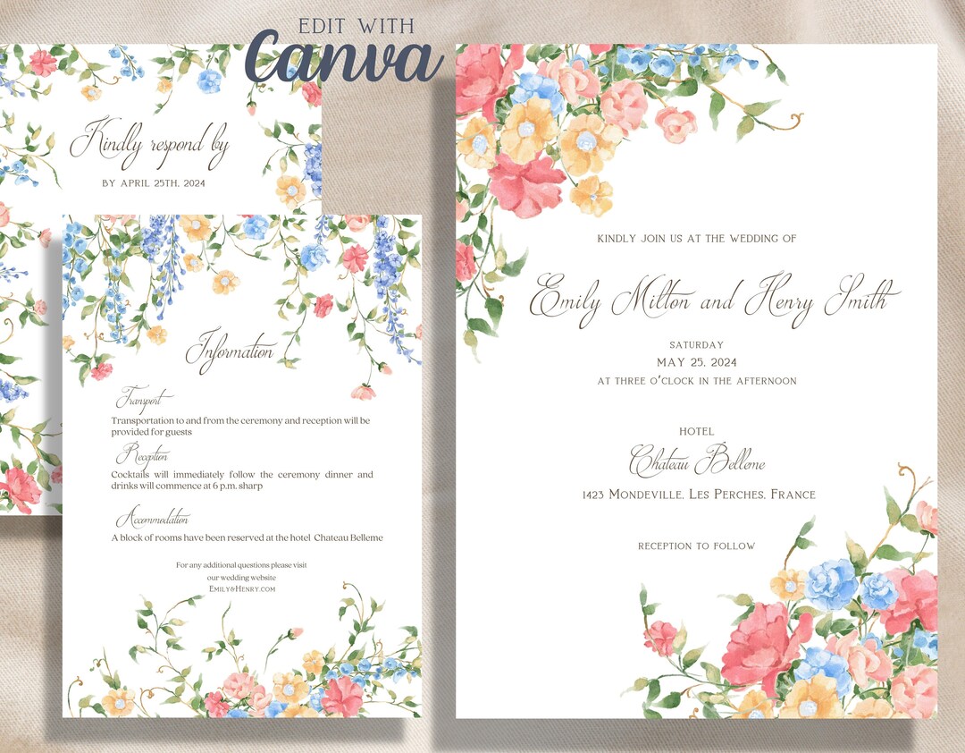 Meadow Flowers Wedding Invitation Template, Floral Watercolor Elegant ...