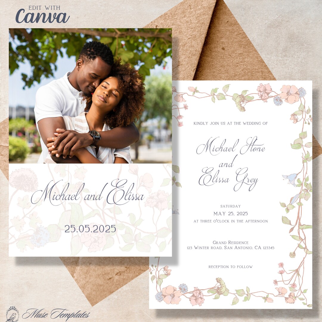Double-sided Wedding Invitation Editable Template With Photo, Pastel ...