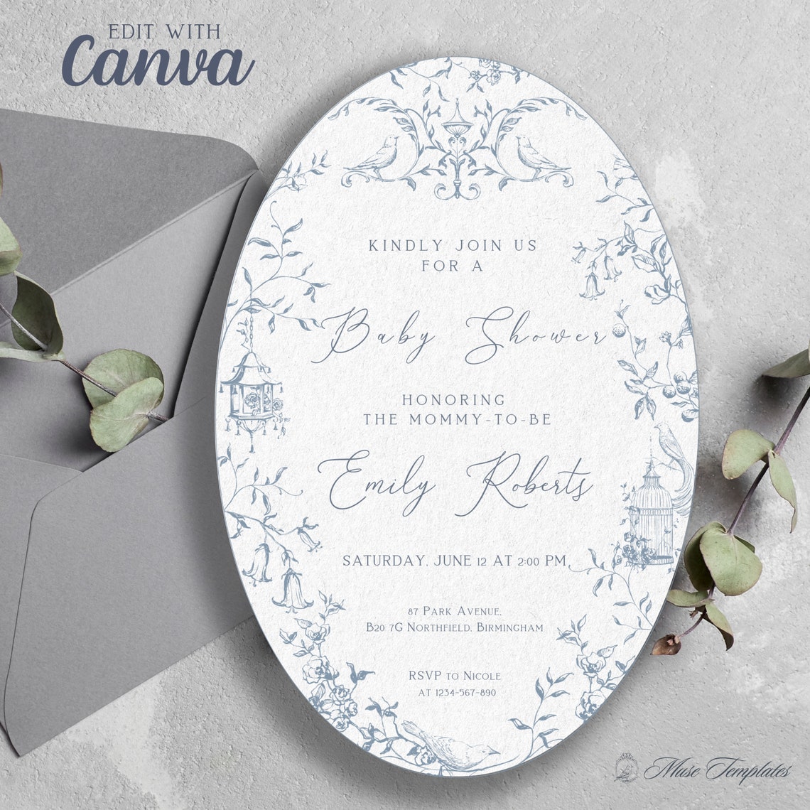 Oval Invitation Card Template, Blue Garden Birds Elliptical Frame, Save ...