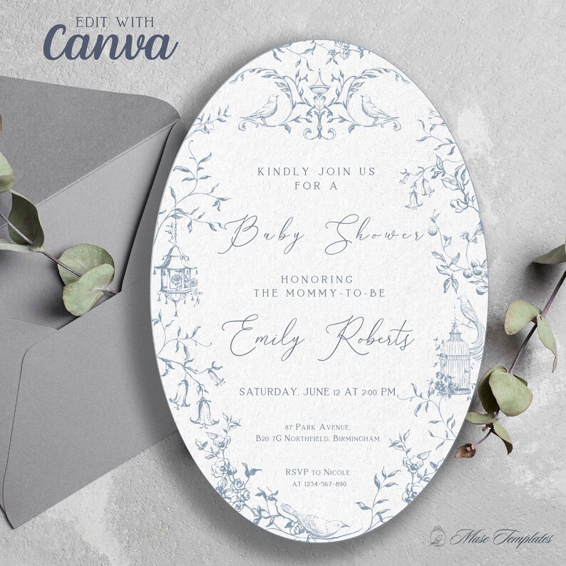 Oval Invitation Card Template, Blue Garden Birds Elliptical Frame, Save ...