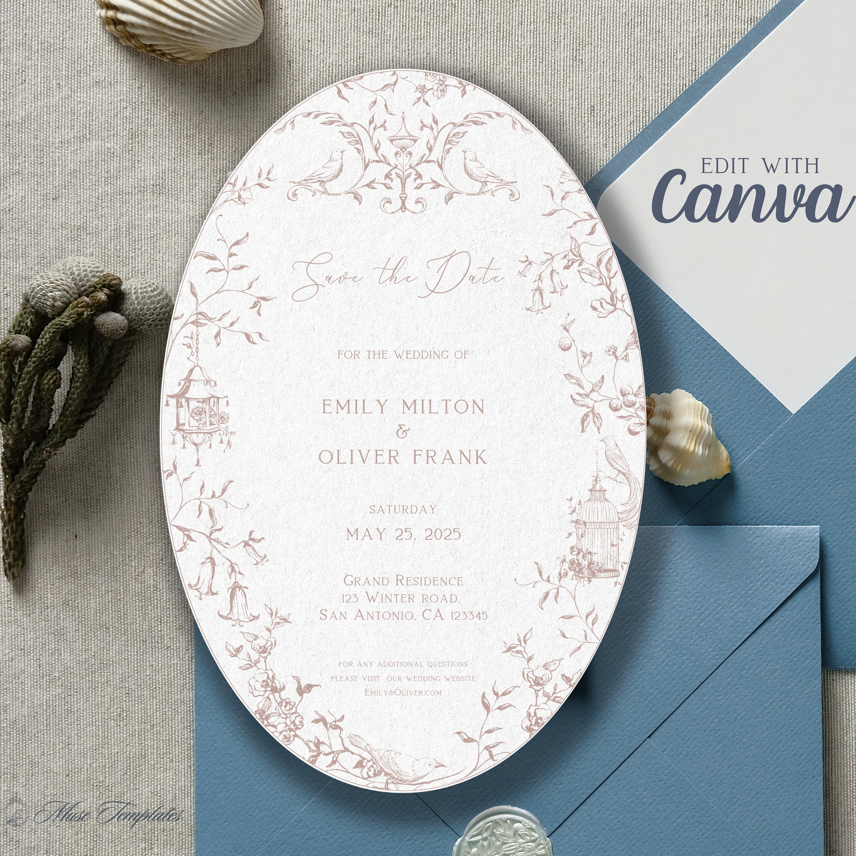 Oval Invitation Card Template, Beige Garden Birds Elliptical Frame ...