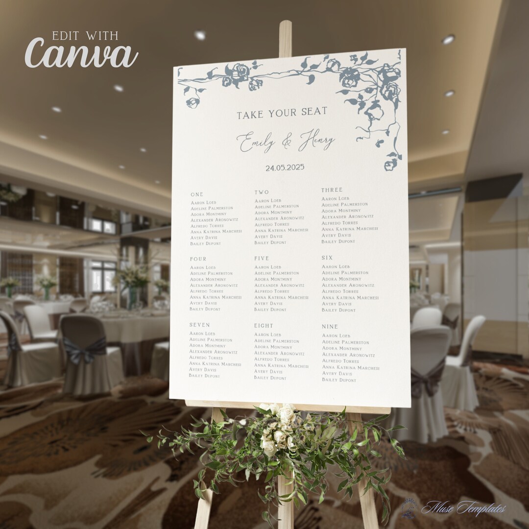 Alphabet Seating Chart Template, Wedding Dusty Blue Roses Seating Plan ...