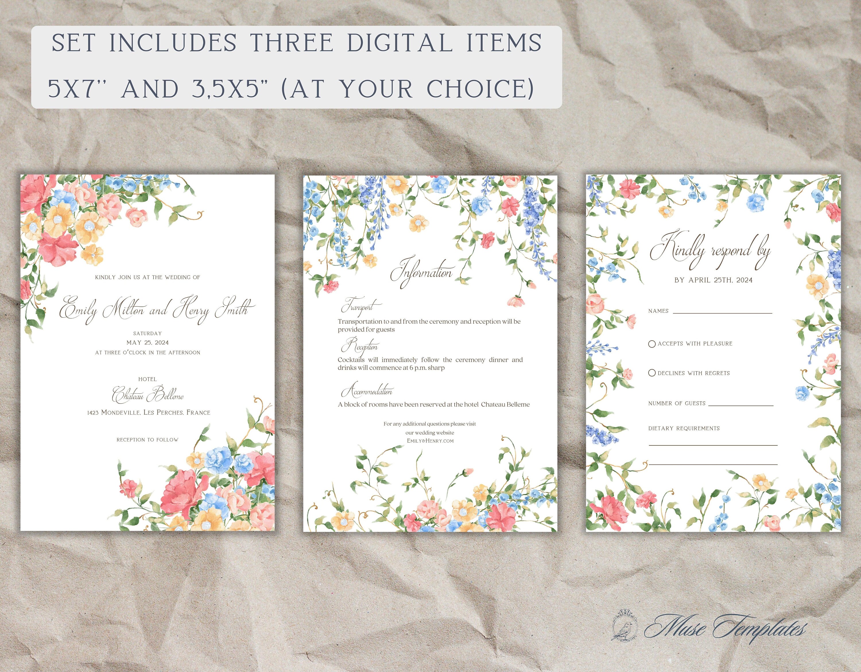 Meadow Flowers Wedding Invitation Template, Floral Watercolor Elegant ...