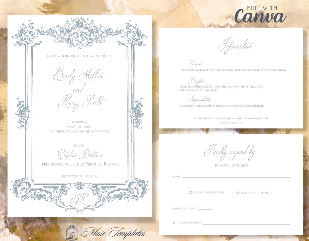 Baroque Invitation Template Dust Blue Frame Wedding - Etsy