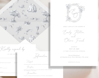 Garden Birds Elegant Wedding Invitation Template, Calligraphy Monogram ...