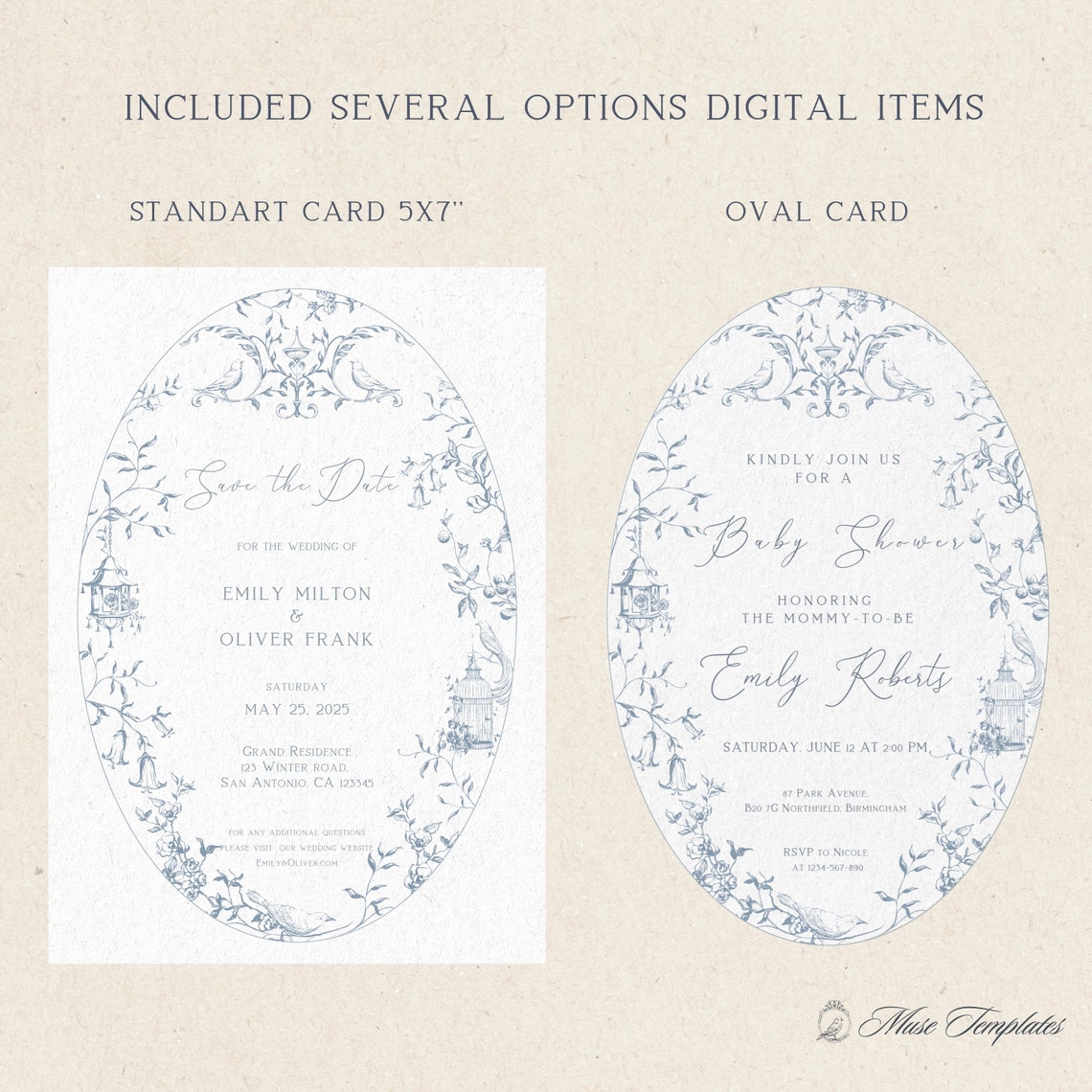 Oval Invitation Card Template, Blue Garden Birds Elliptical Frame, Save ...