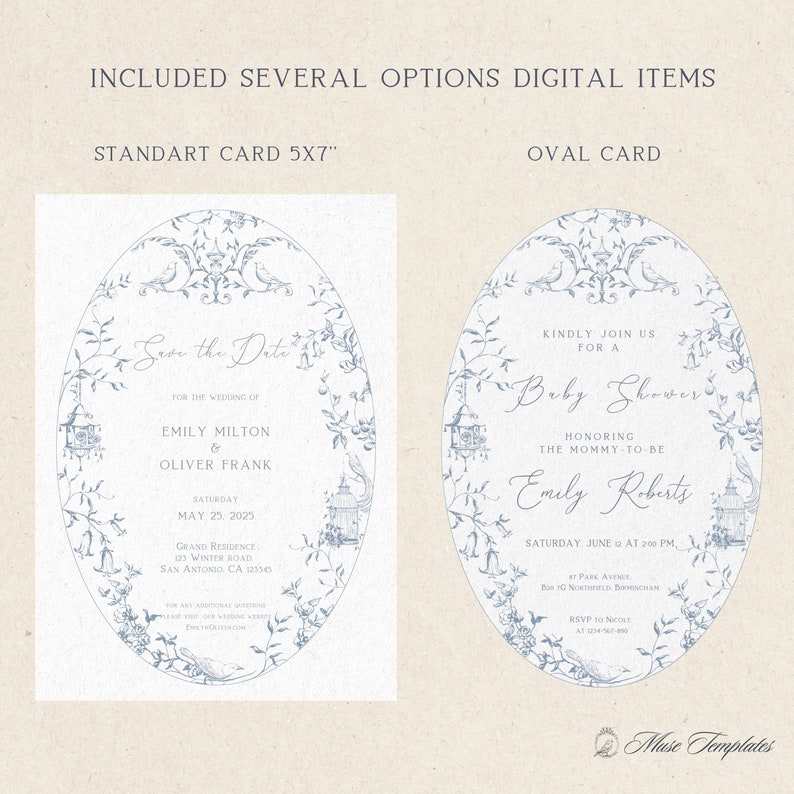 Oval Invitation Card Template, Blue Garden Birds Elliptical Frame, Save ...