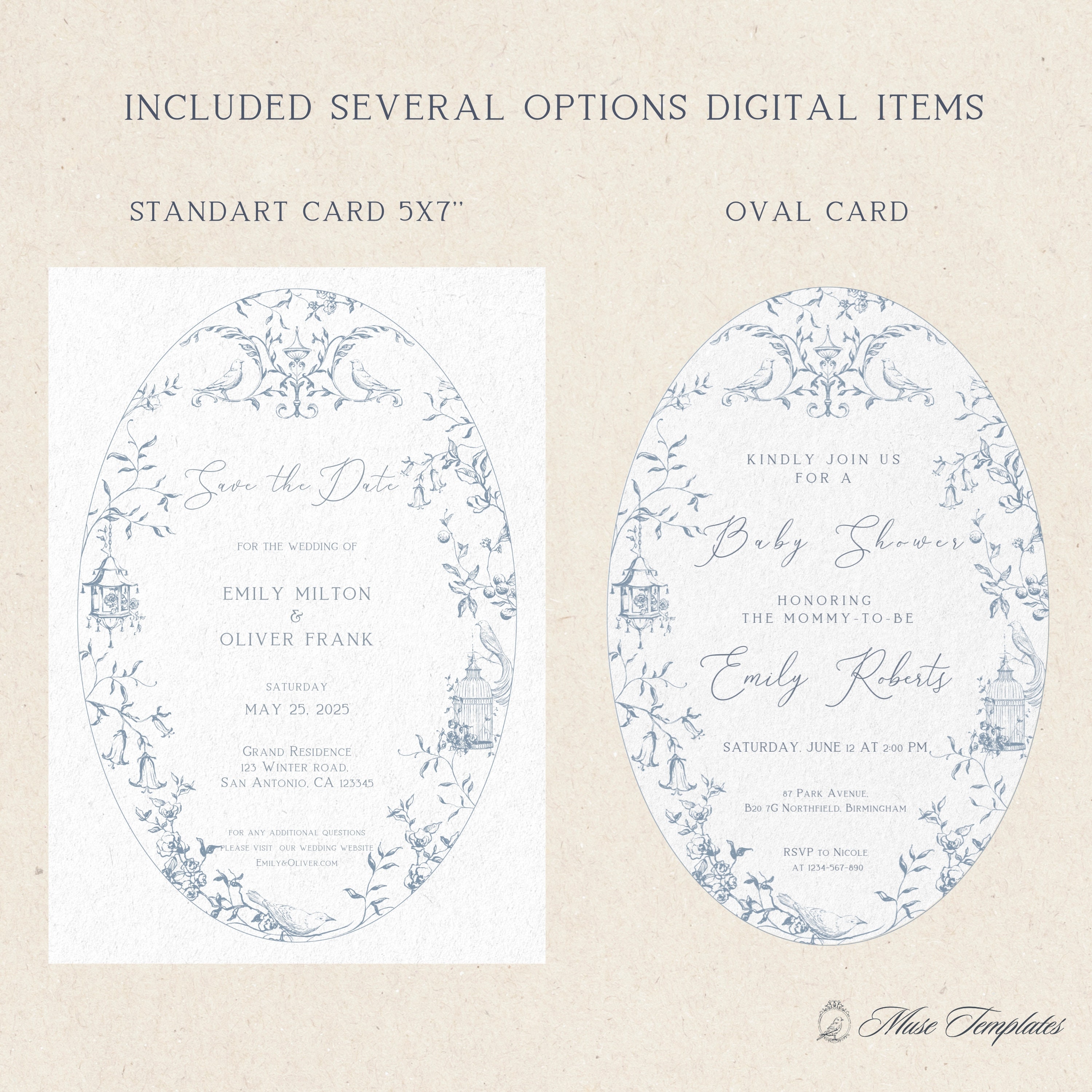 Oval Invitation Card Template, Blue Garden Birds Elliptical Frame, Save ...