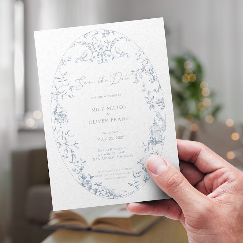 Oval Invitation Card Template, Blue Garden Birds Elliptical Frame, Save ...