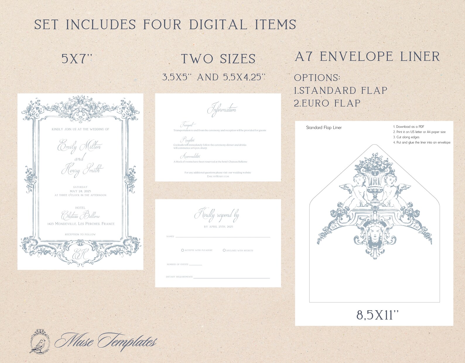Baroque Vintage Invitation Template, Wedding Dusty Blue Frame ...