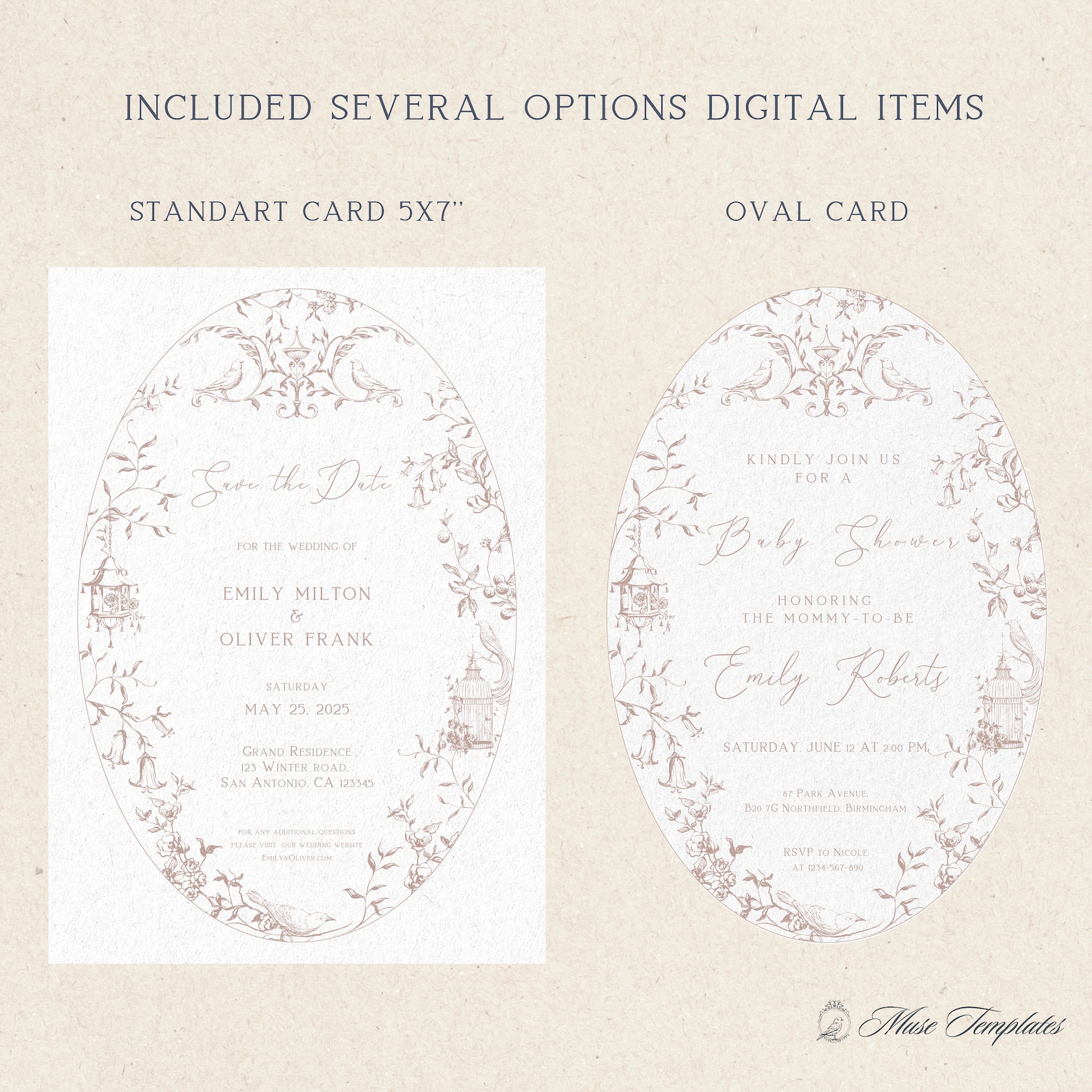 Oval Invitation Card Template, Beige Garden Birds Elliptical Frame ...