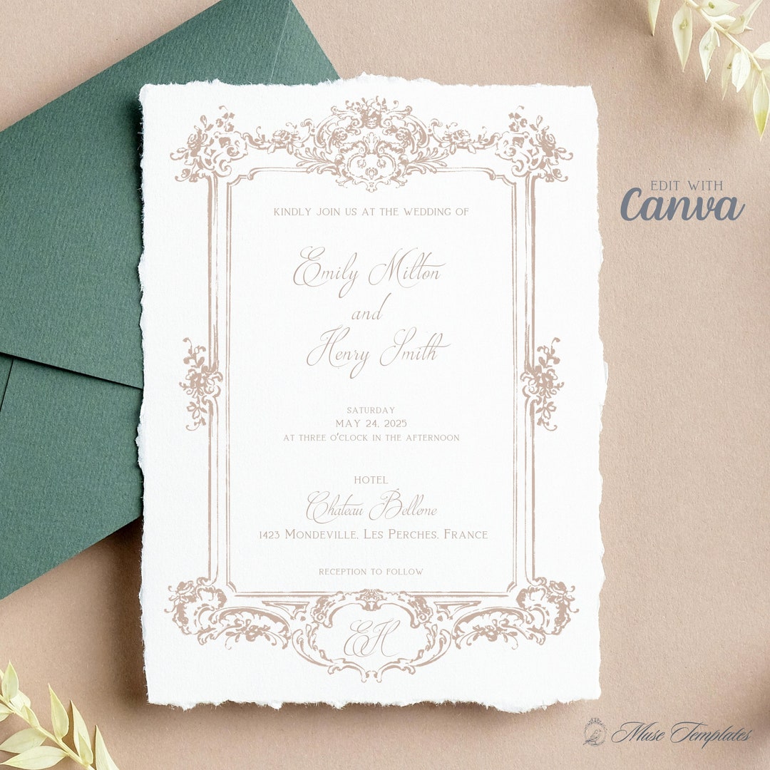 Baroque Invitation Template, Beige Frame Wedding Invitation and Information Cards, Editable ...