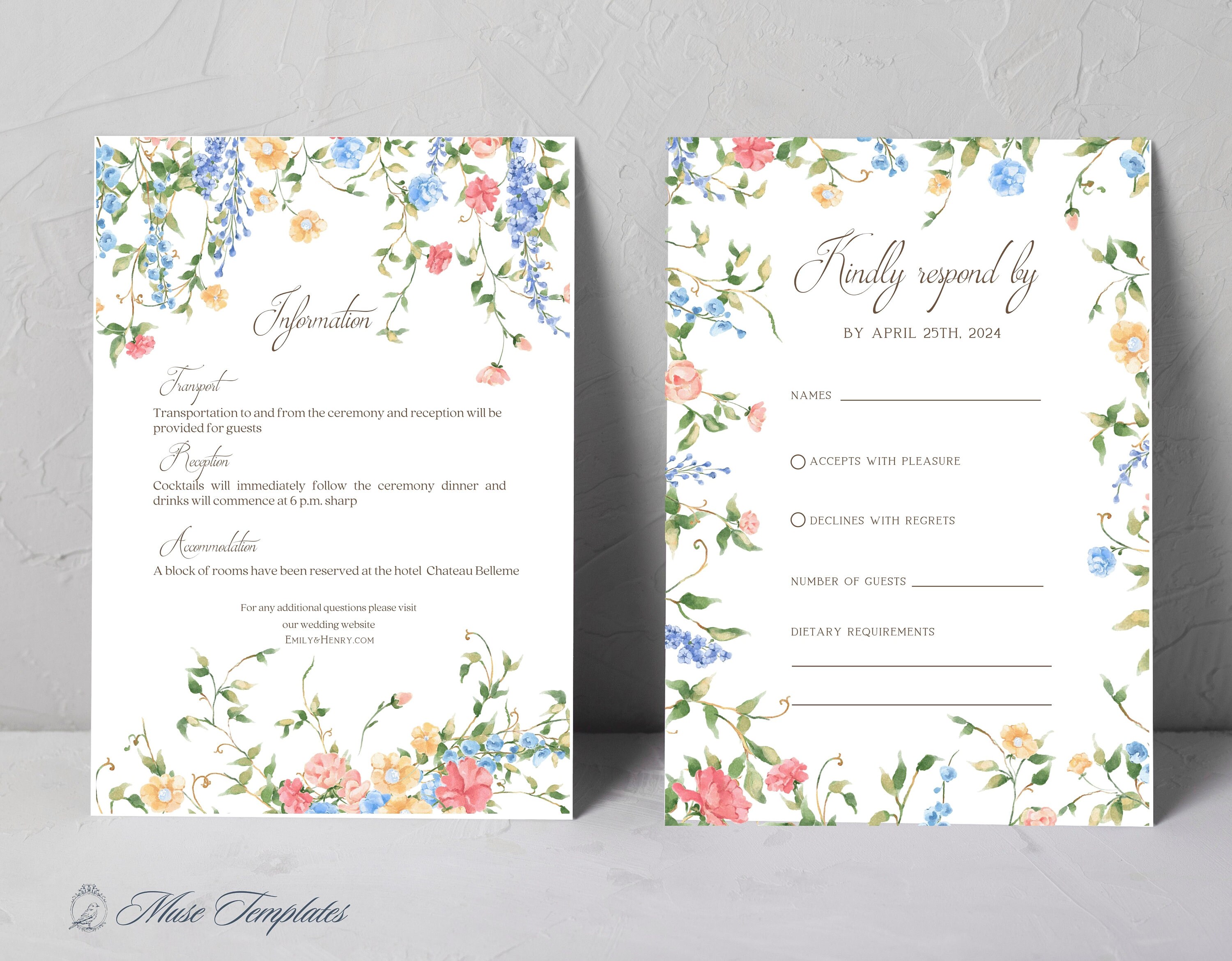 Meadow Flowers Wedding Invitation Template, Floral Watercolor Elegant ...