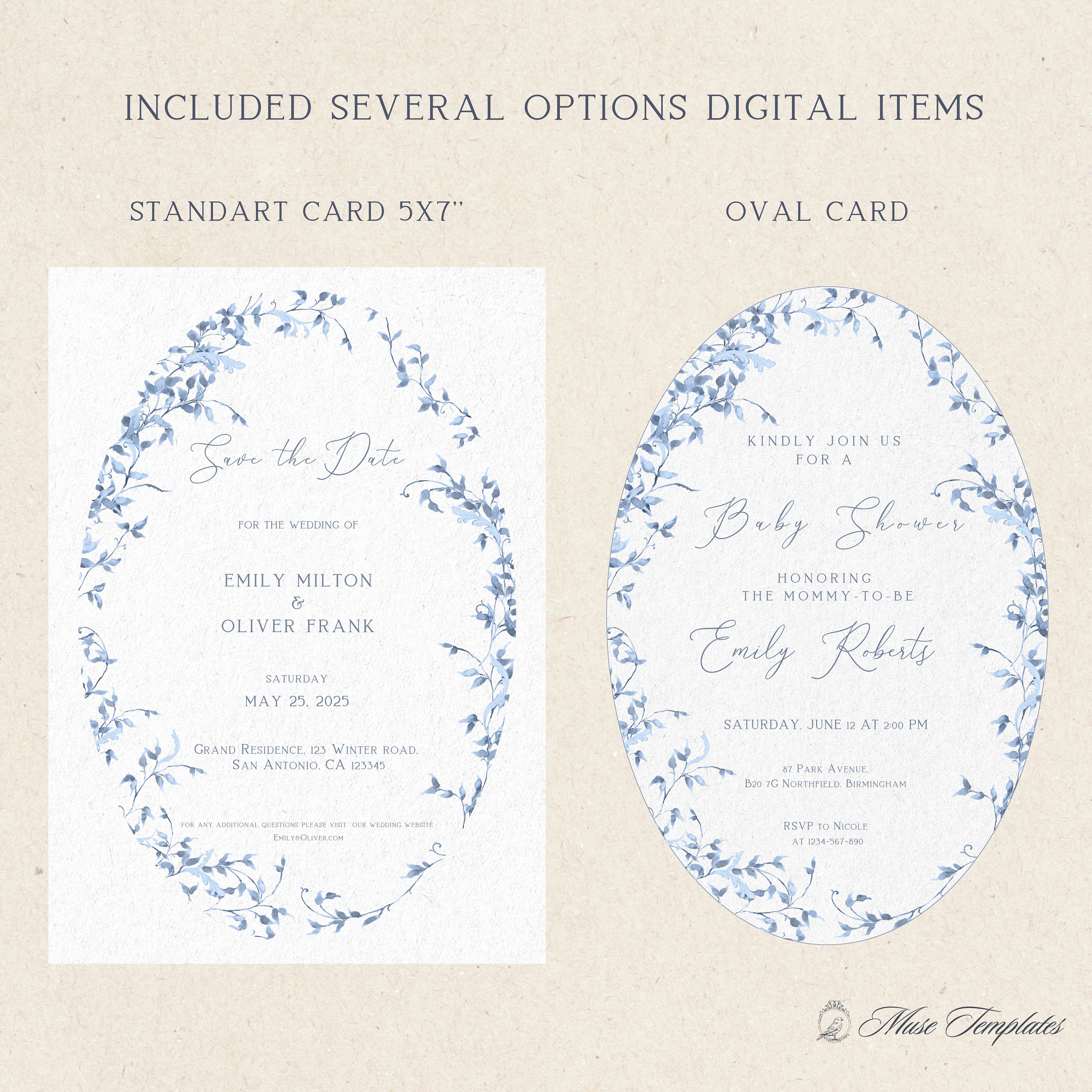 Oval Invitation Card Template, Blue Floral Elliptical Frame, Save the ...